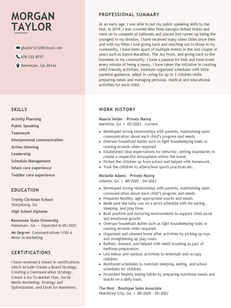 Morgan Taylor Resume | PDF | Nanny