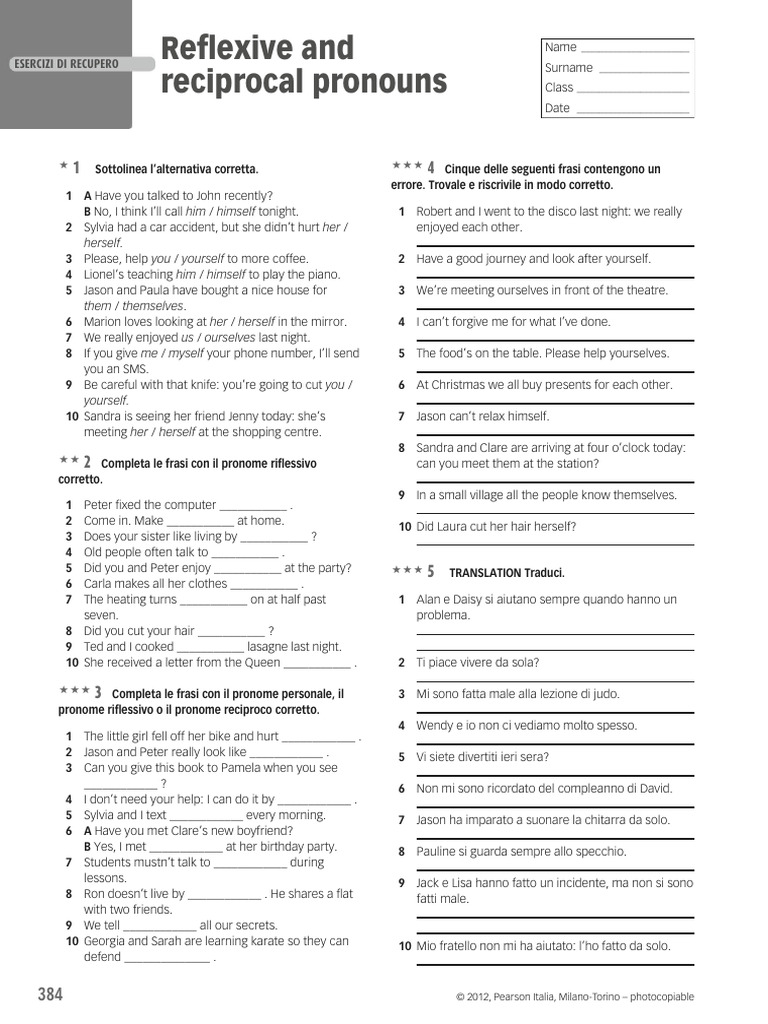 SSSG INGLESE Reflexive and Reciprocal Pronouns | PDF | Linguistic ...