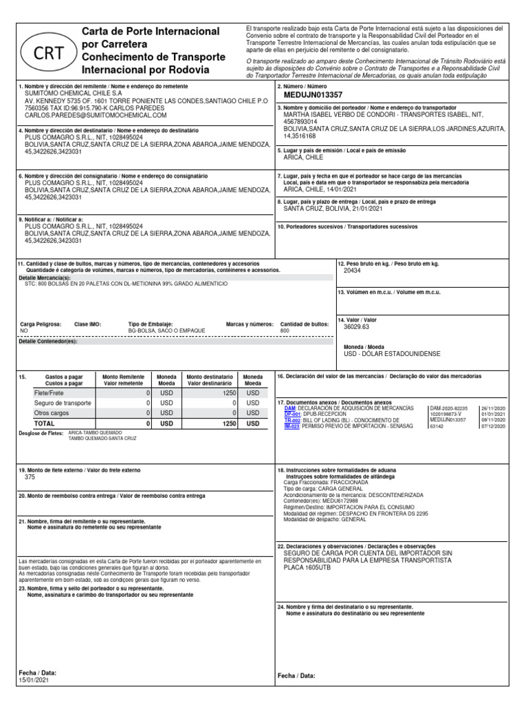 Carta de Porte Internacional Por Carretera Conhecimento de Transporte Internacional Por Rodovia ...
