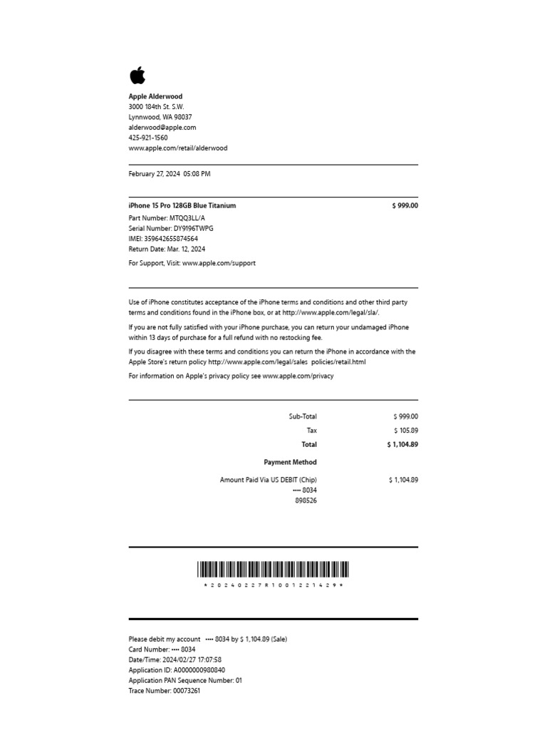iPhone 15 Pro Purchase Receipt | PDF