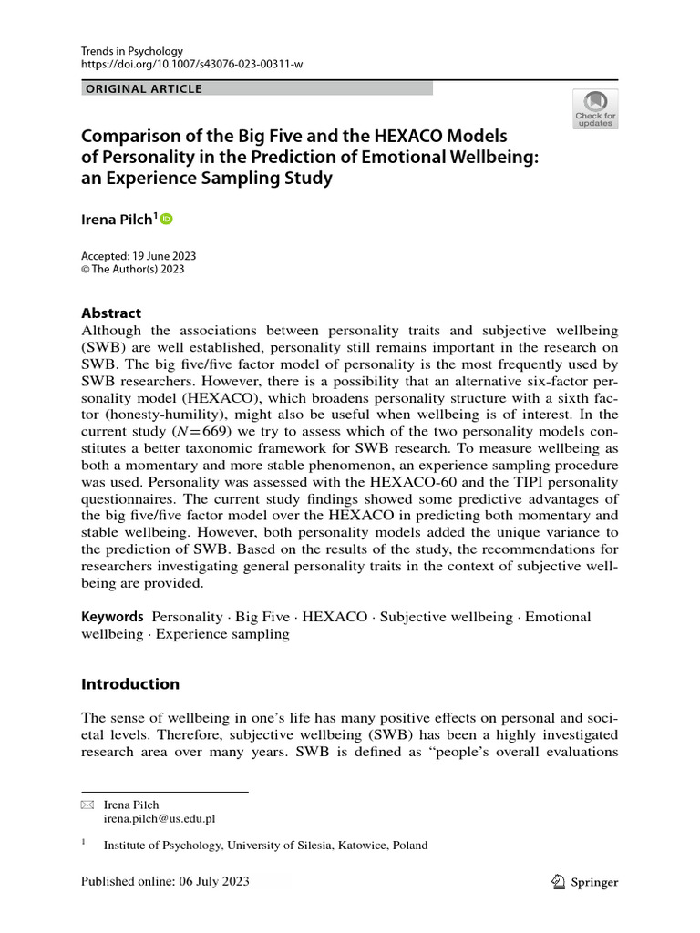 Comparison of The Big Five and The Hexaco Models of 34li0sys | PDF ...