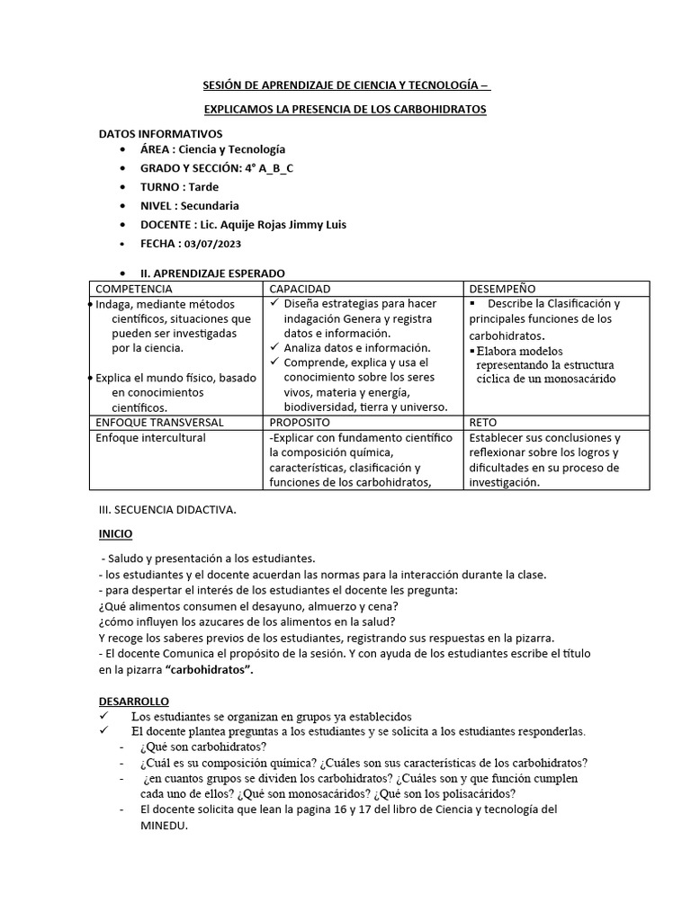SESIÓN DE APRENDIZAJE CARBOHIDRATOS | PDF | Carbohidratos | Aprendizaje