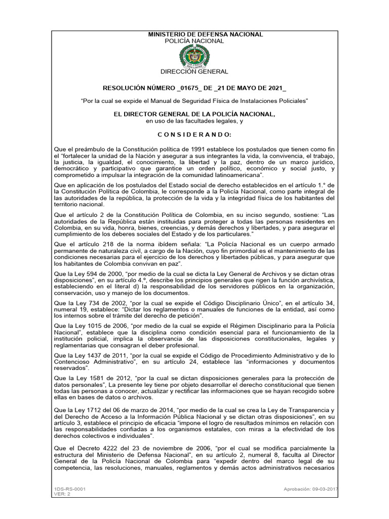 Resolución No. 01675 Del 21 de Mayo de 2021 Manual de Seguridad Física de Instalaciones ...