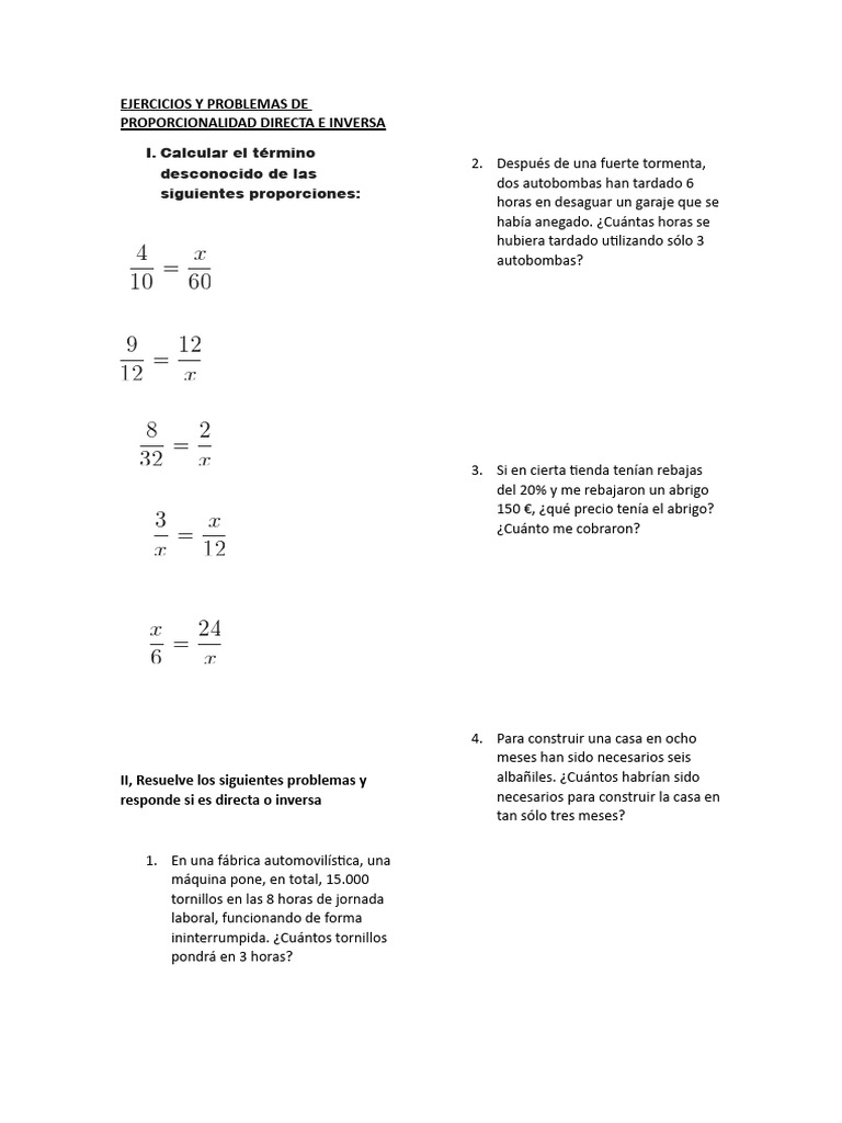 Ejercicios de Proporcionalidad Directa e Inversa | PDF