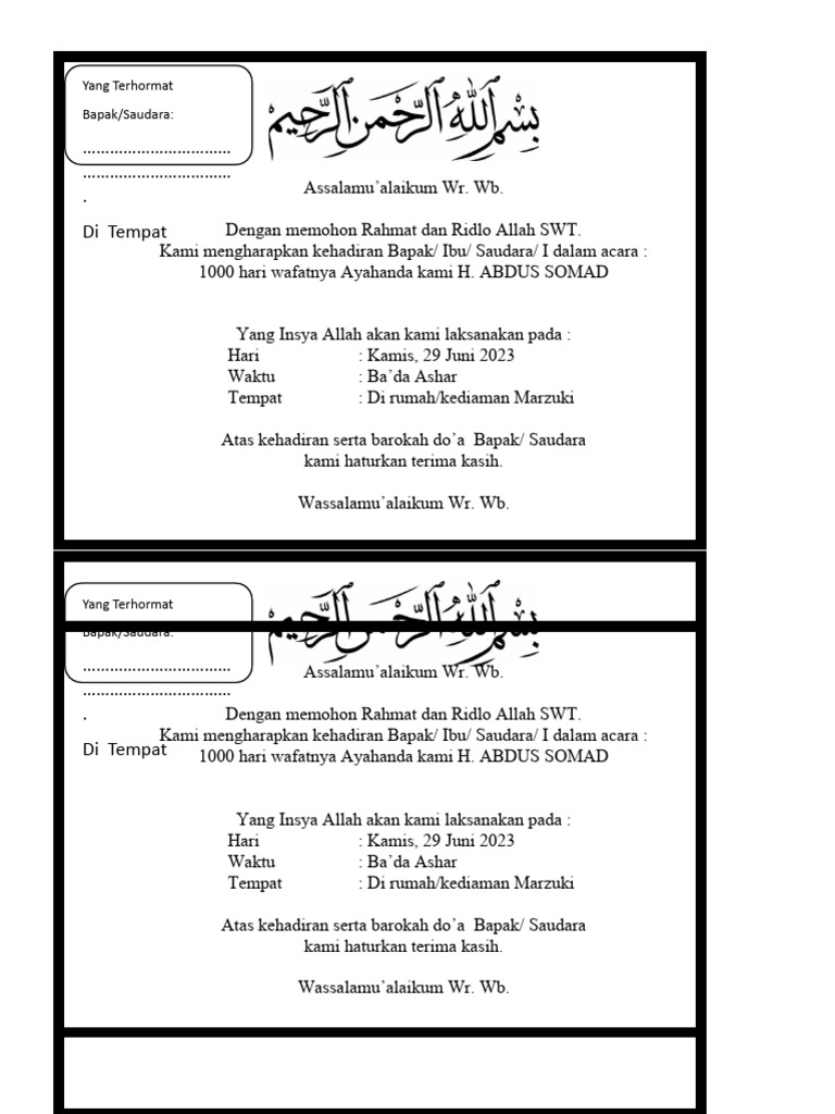 Undangan Tahlil 1 Lembar Isi 2 Undangan Folio | PDF