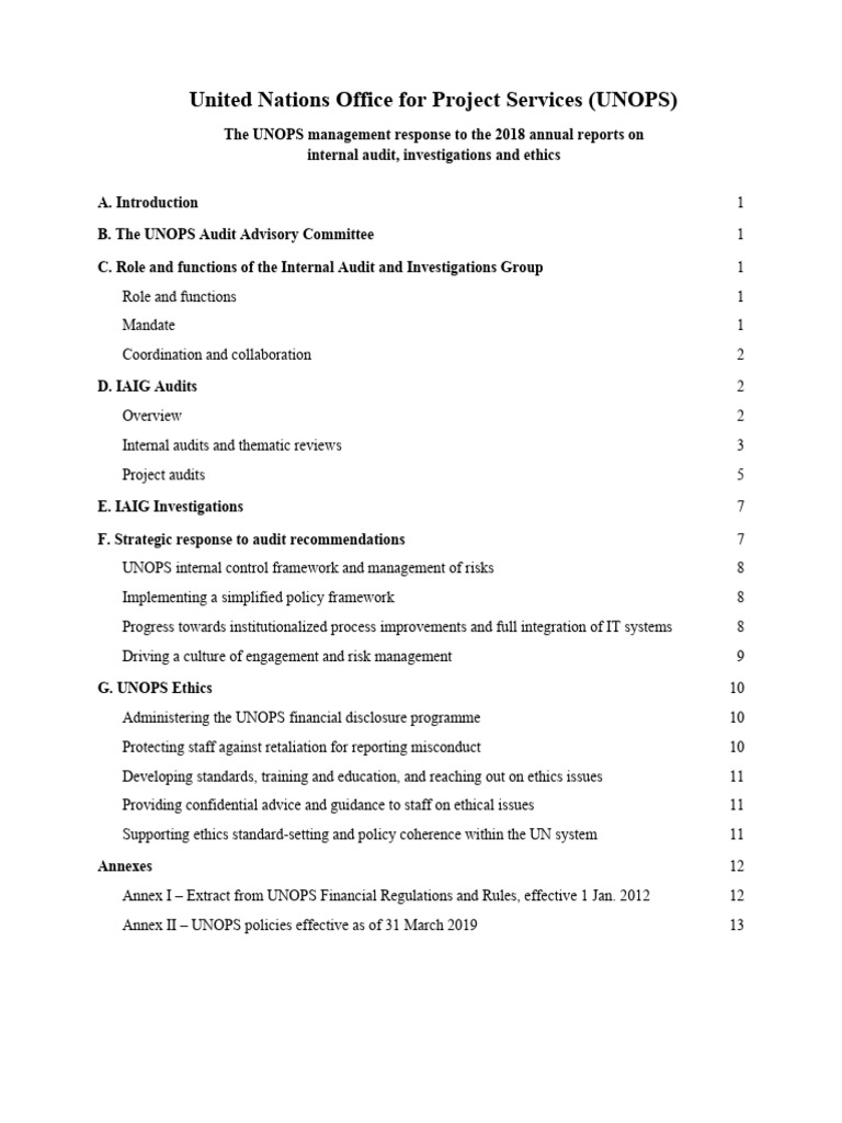UNOPS Management Response To The 2018 Annual Reports On Internal Audit ...