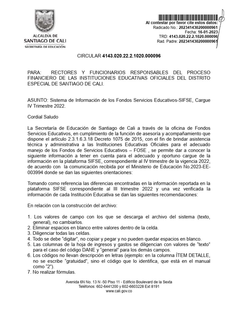 Circular 00096 CARGUE SIFSE IV TRIMESTRE IE FF | PDF | Contraseña ...