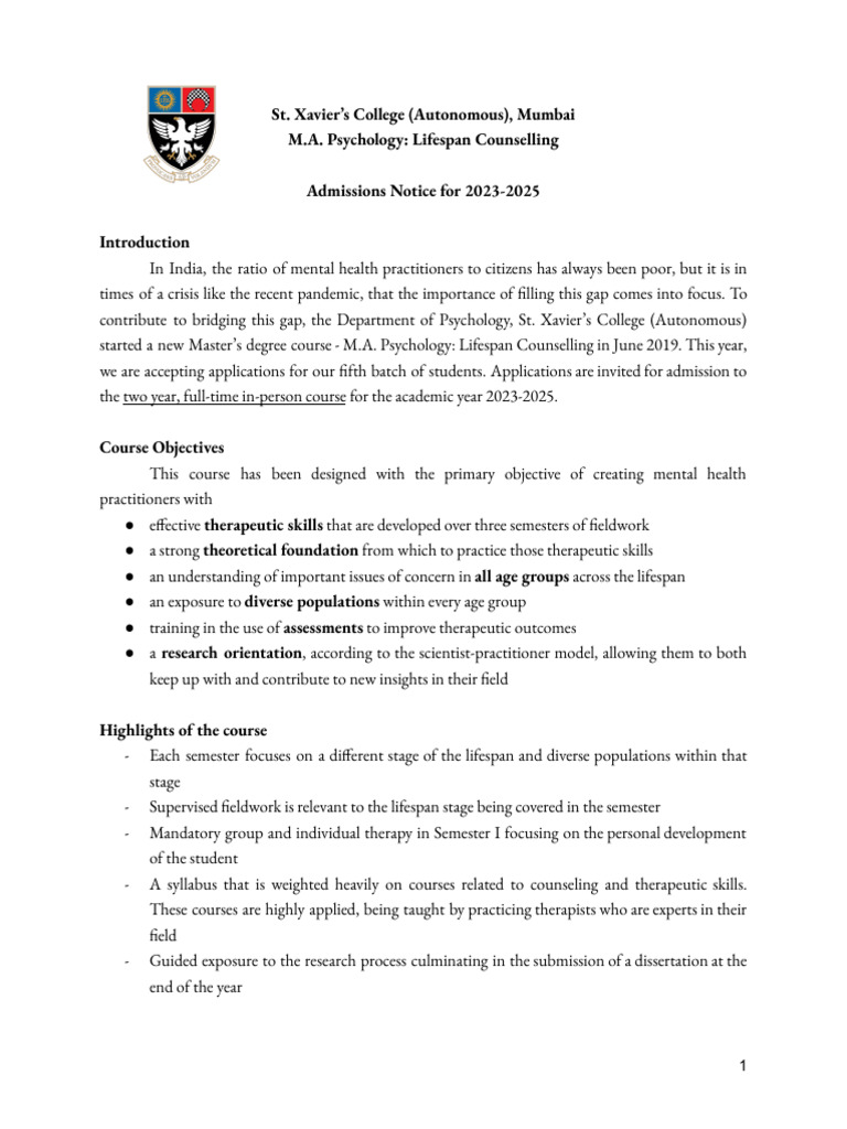 XMA Psych - Admission Notice 2023 | PDF | Psychotherapy | Clinical ...