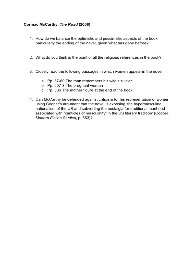 Cormac McCarthy The Road Questions | PDF | General Fiction