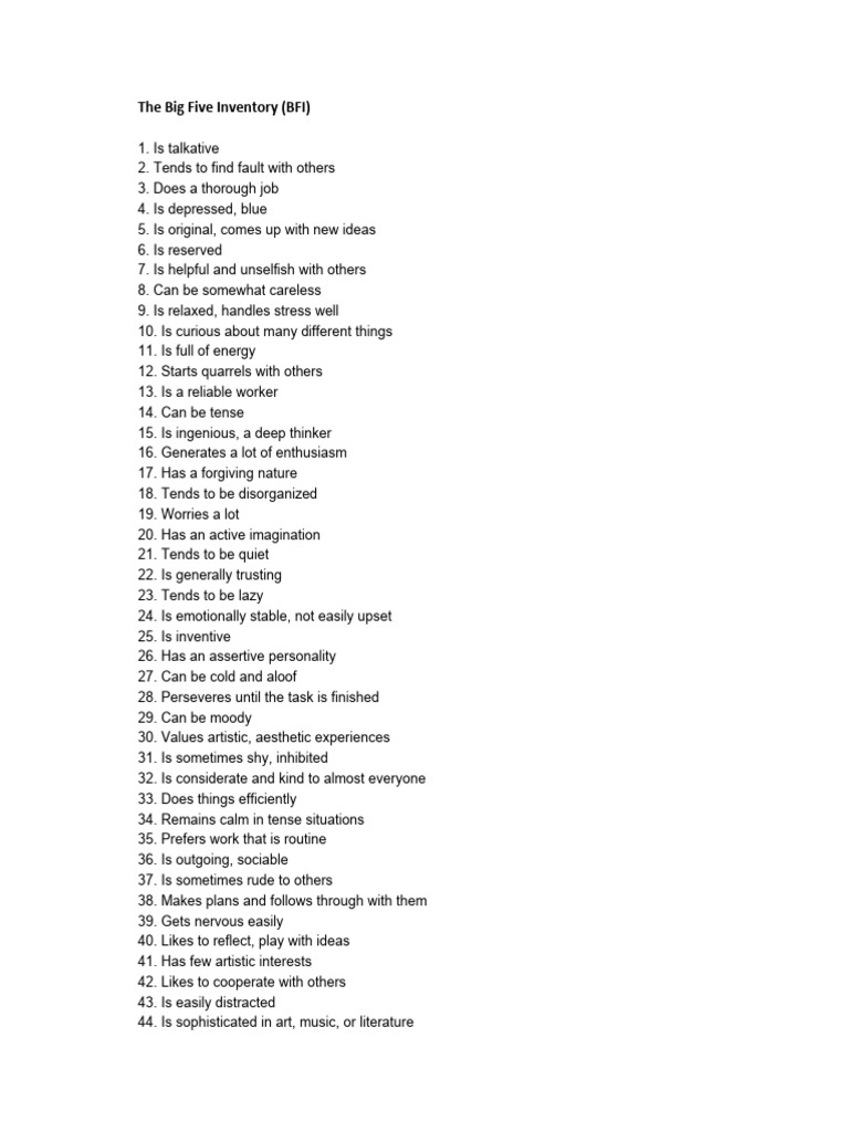 The Big Five Inventory (BFI) | PDF | Las artes