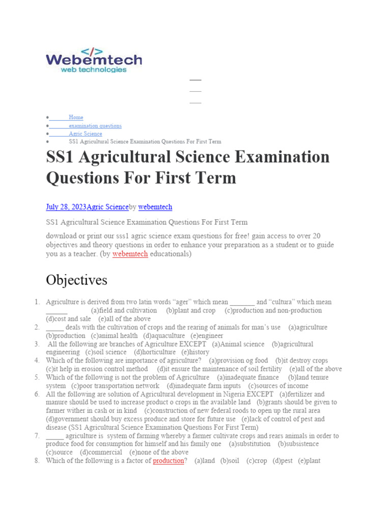 Agric ss1 | PDF | Agriculture | Intensive Farming