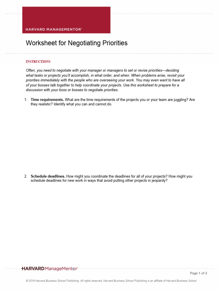 Worksheet For Negotiating Priorities | PDF