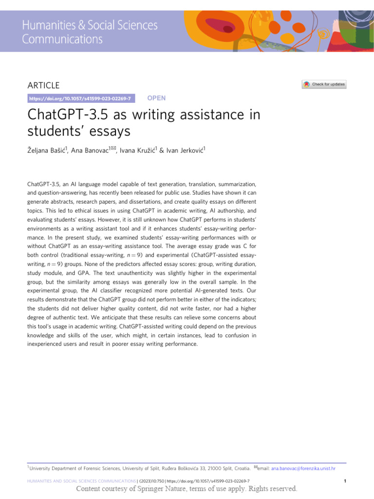 ChatGPT-3.5 in Student Essay Writing | PDF | Artificial Intelligence ...
