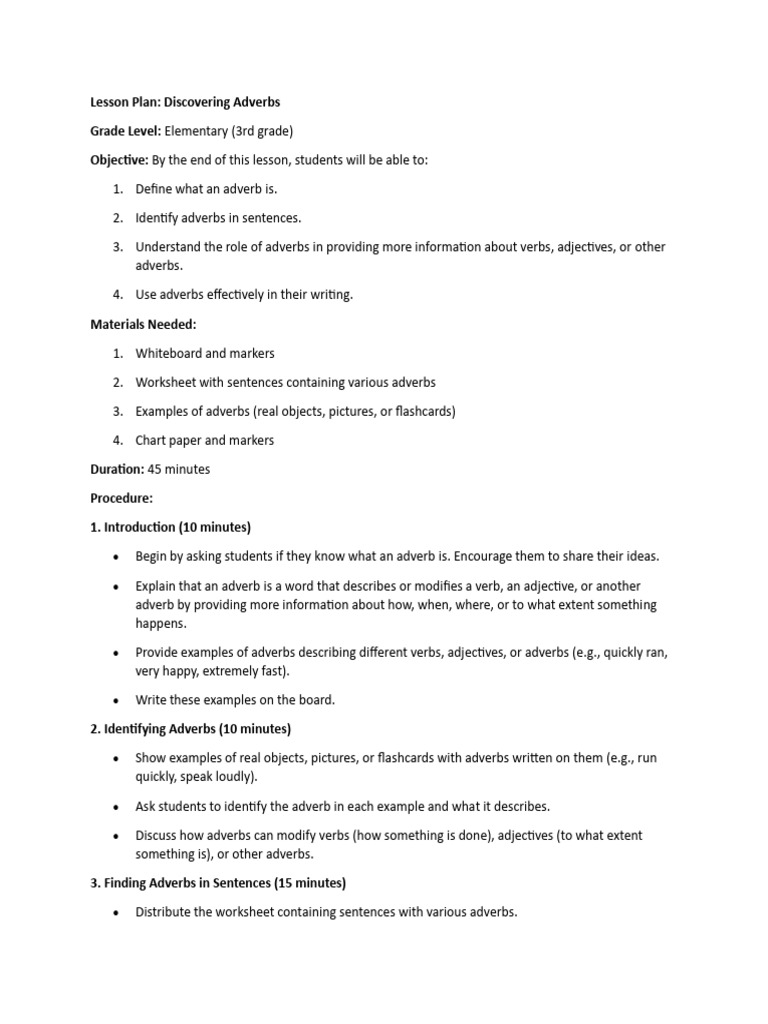 Lesson Plan - Adverbs | PDF | Adverb | Verb