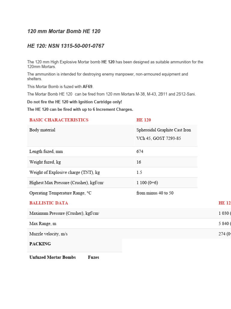 120mm HE Mortar Bomb Specifications | PDF | Mortar (Weapon) | Bomb