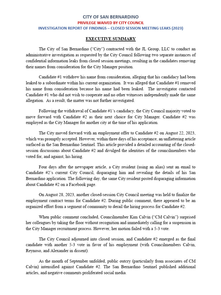 Investigation Into Closed Session Meeting Leaks - Executive Summary ...