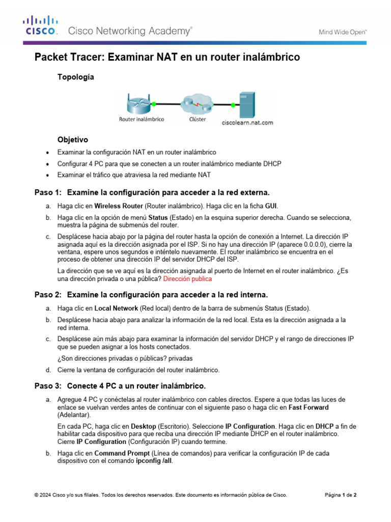 4.4.3.2 Packet Tracer - Examine NAT On A Wireless Router | Descargar gratis PDF | Enrutador ...