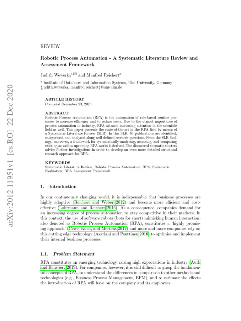 Review Robotic Process Automation - A Systematic Literature Review and Assessment Framework ...