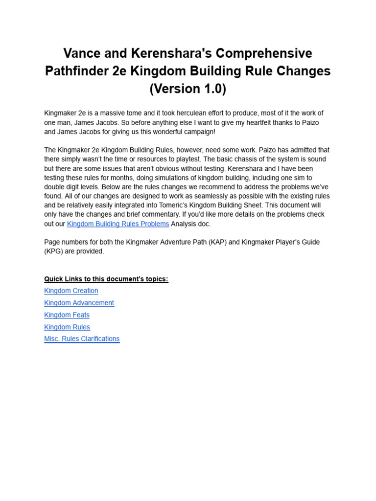 Kingdom Building Rule Changes for PF2E | PDF | Computers