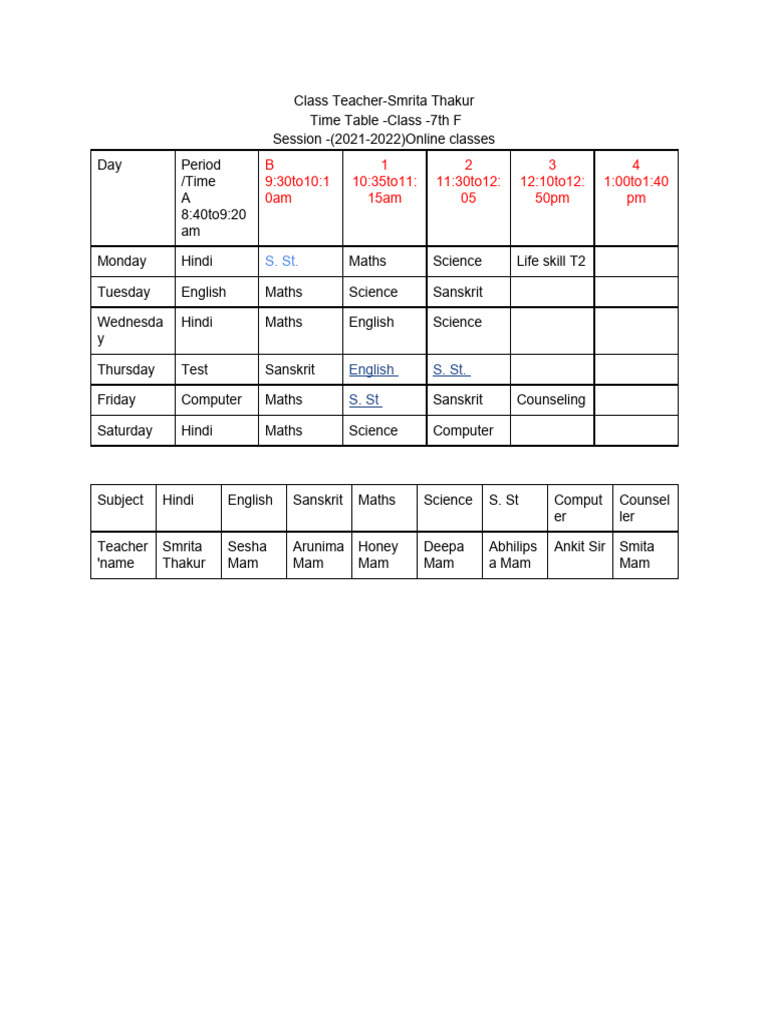 7F New Class Time Table (2021-22) | PDF