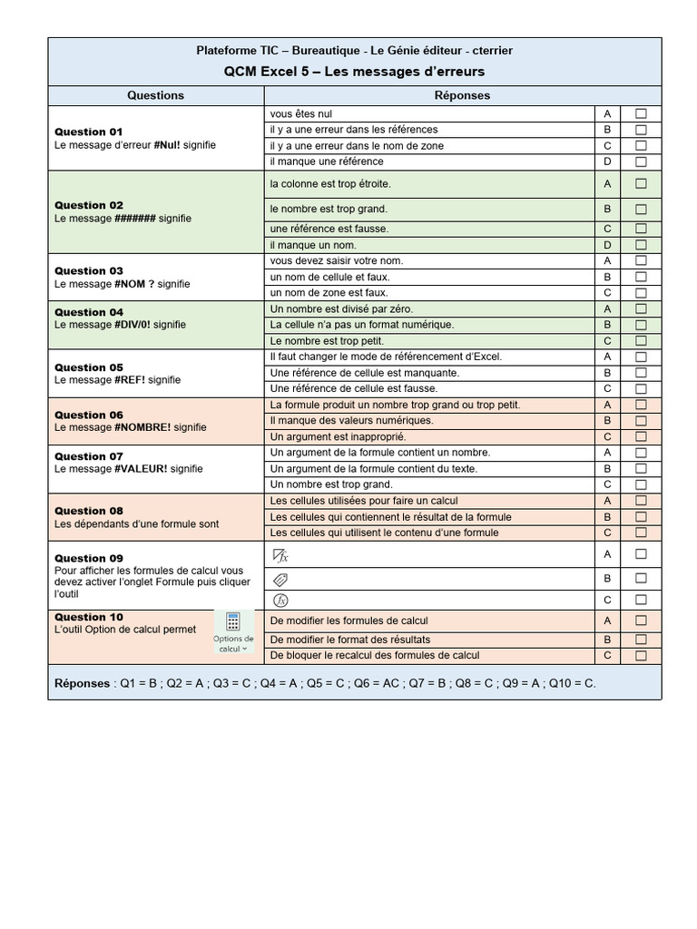 QCM Excel : Messages d'erreurs | PDF | Microsoft Excel | Informatique