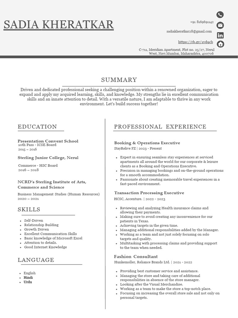 Sadia Kheratkar CV | Download Free PDF | Cognition | Business