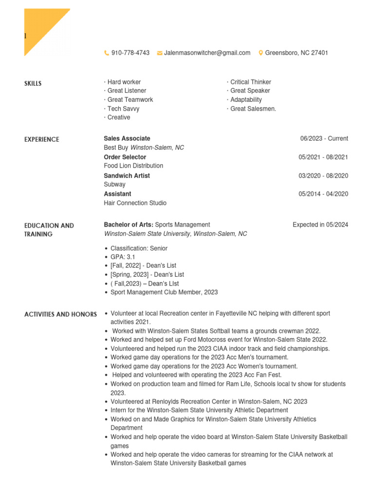 Jalen Masonwitcher Resume2 | PDF | Atlantic Coast Conference | Sports