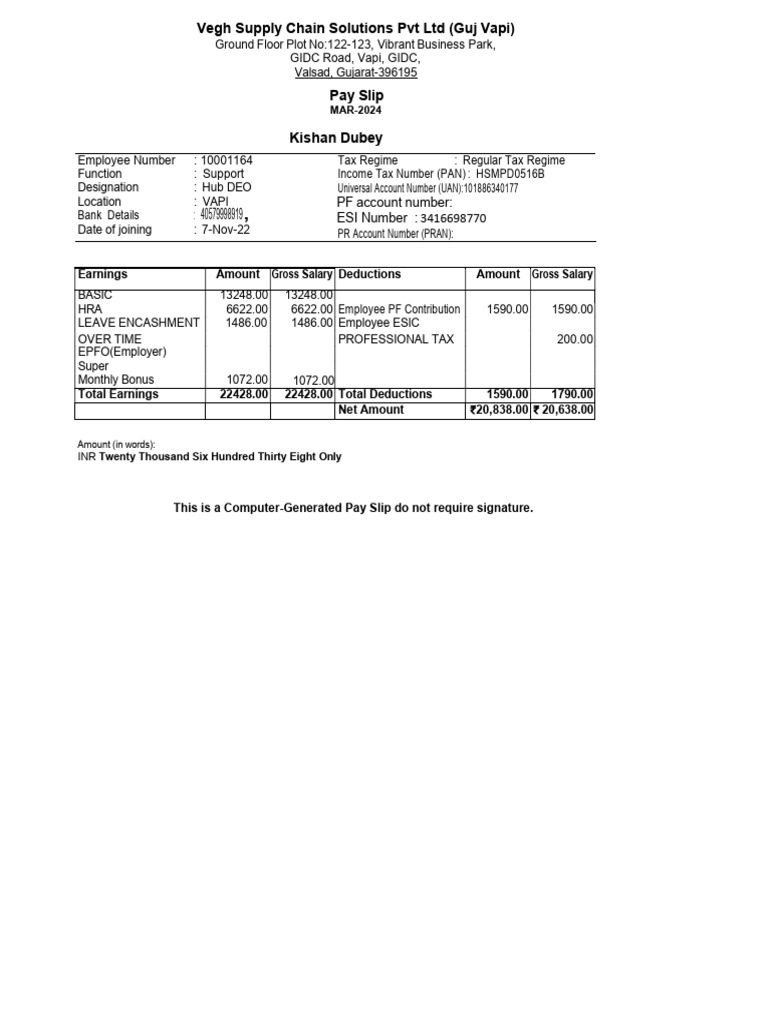 March 2024 Pay Slip for Kishan Dubey | PDF