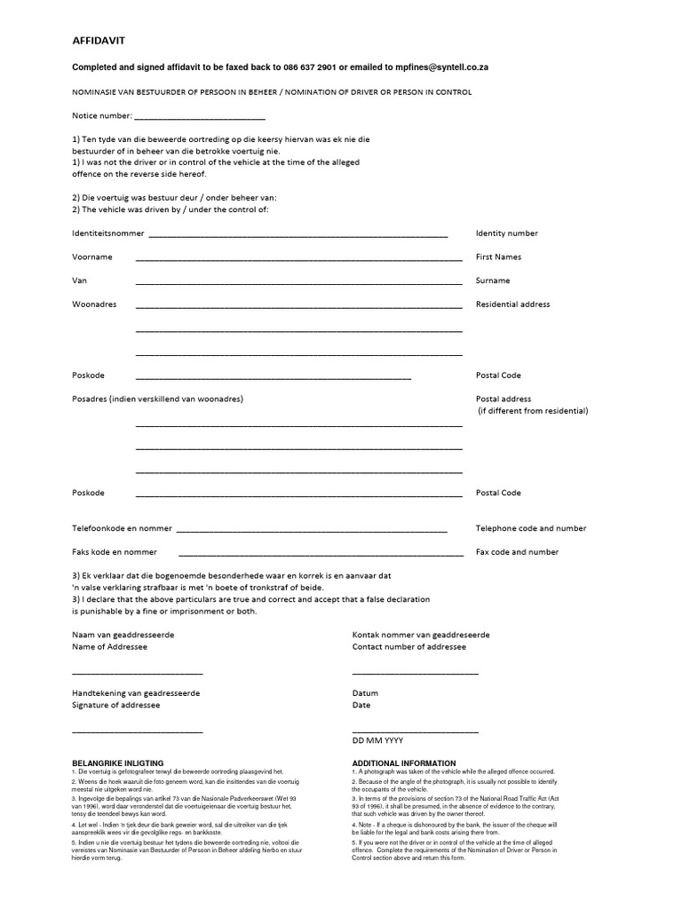 Nomination of Driver Affidavit | PDF