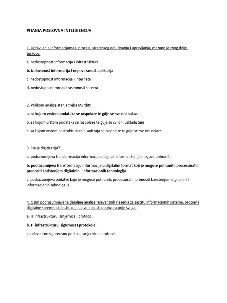 Poslovna Inteligencija Pitanja | PDF