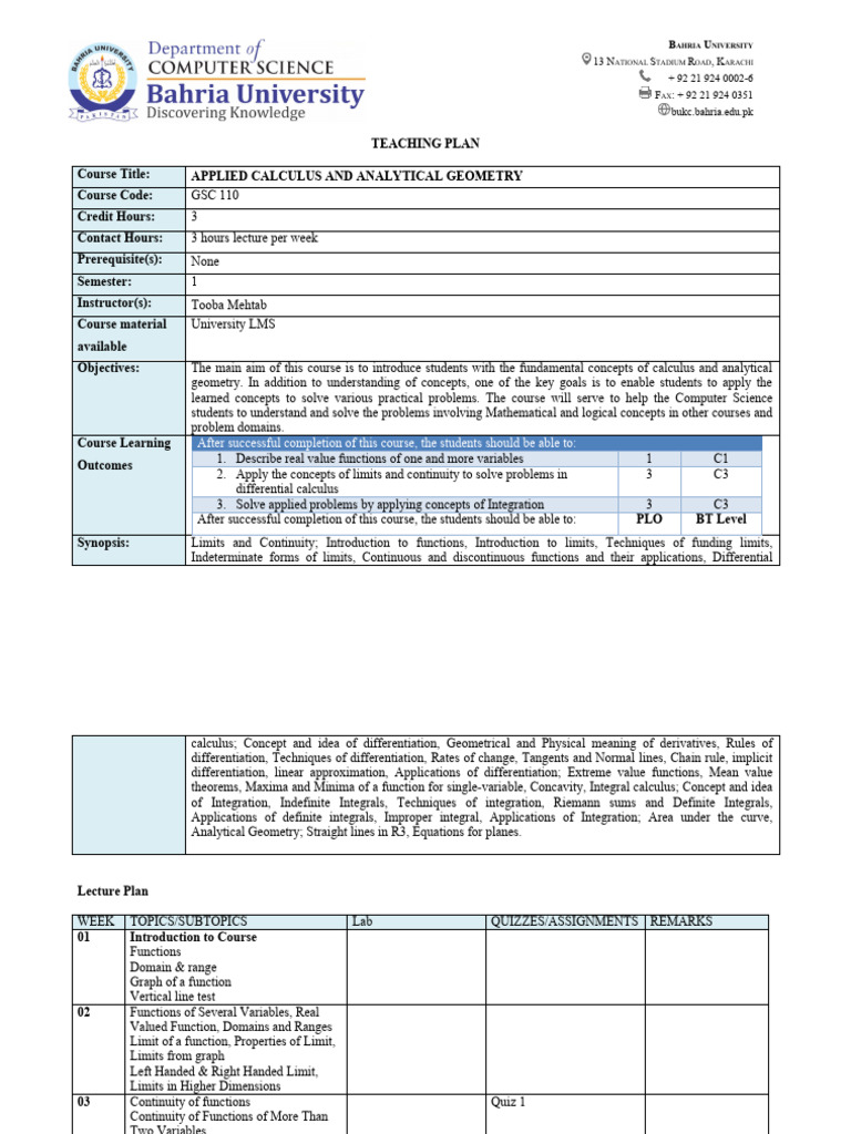 Calculus Teaching Plan | PDF | Integral | Function (Mathematics)