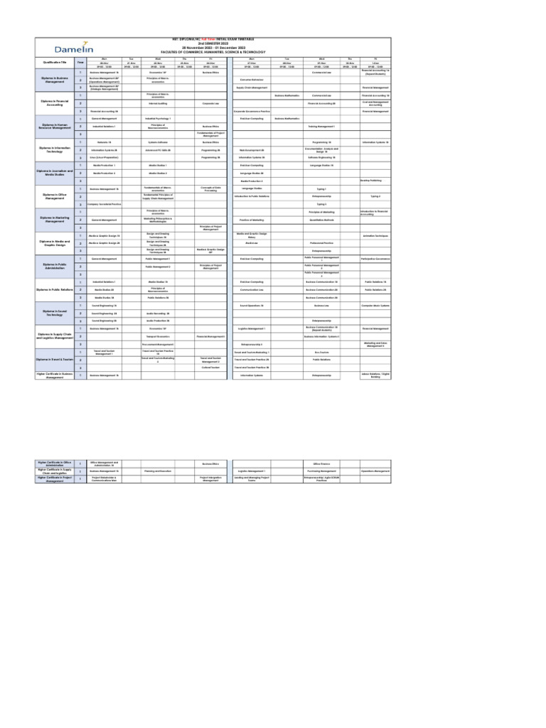 Exam Timetable Semester 2 Diplomas and HC's | PDF | Accounting ...