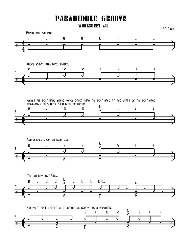 Paradiddle Groove - Worksheet 1 | PDF | Rhythm And Meter | Drumming