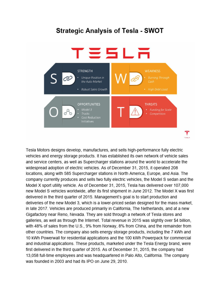 SWOTANALYSIS Tesla HarvardStrategicManagement | PDF | Tesla Model S | Car