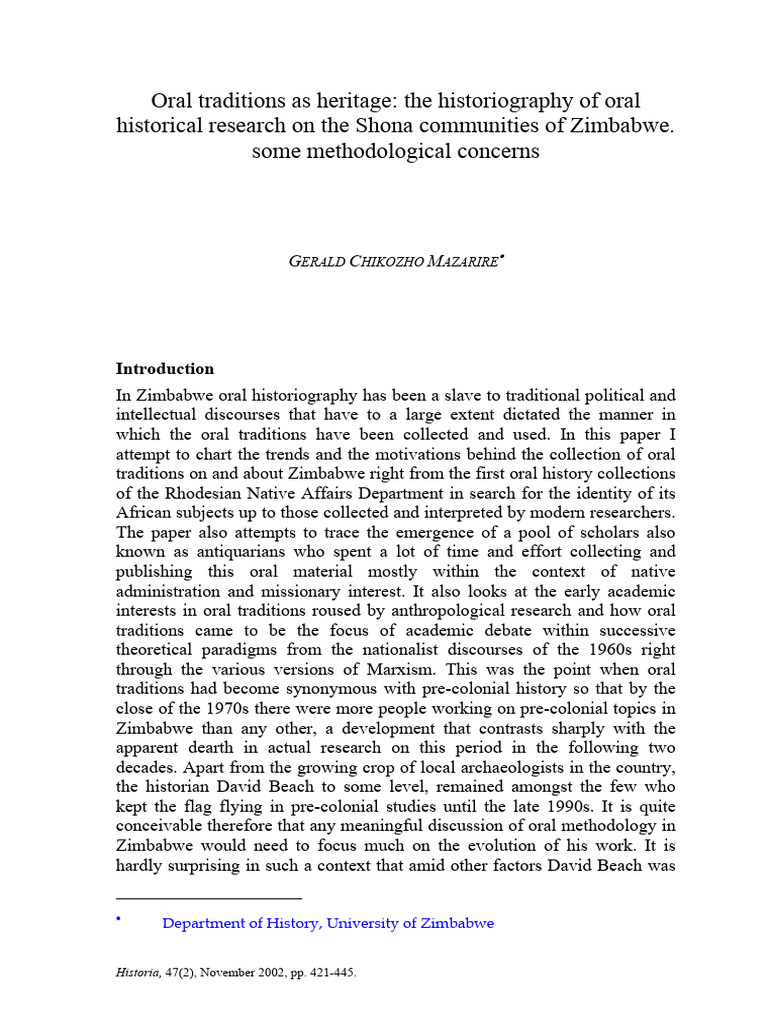 Oral Historiography of Shona Traditions | PDF | Zimbabwe | Traditions