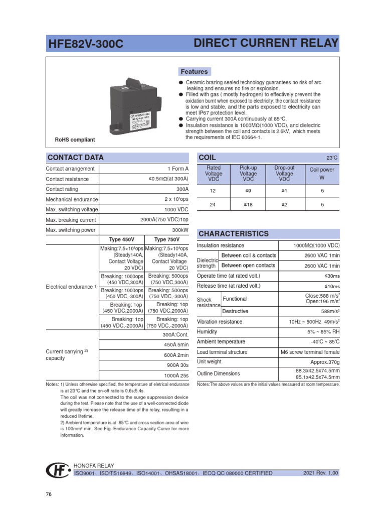 HFE82V-300C Direct Current Relay: Contact Data Coil | PDF | Relay ...