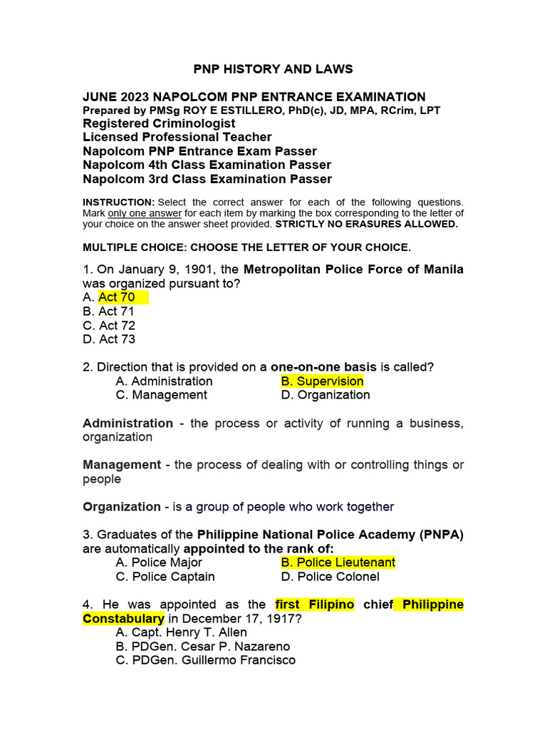 Napolcom PNP History, Laws and Crime Mapping 120 Q&A | PDF | Crimes ...