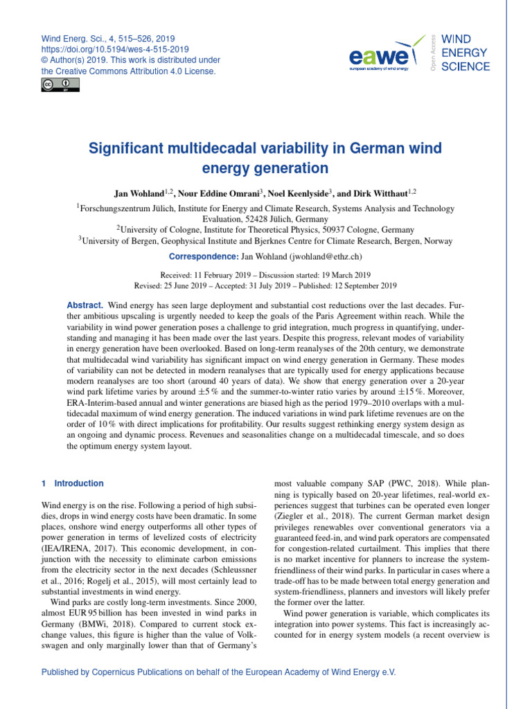 Significant multidecadal variability in German wind energy generation ...