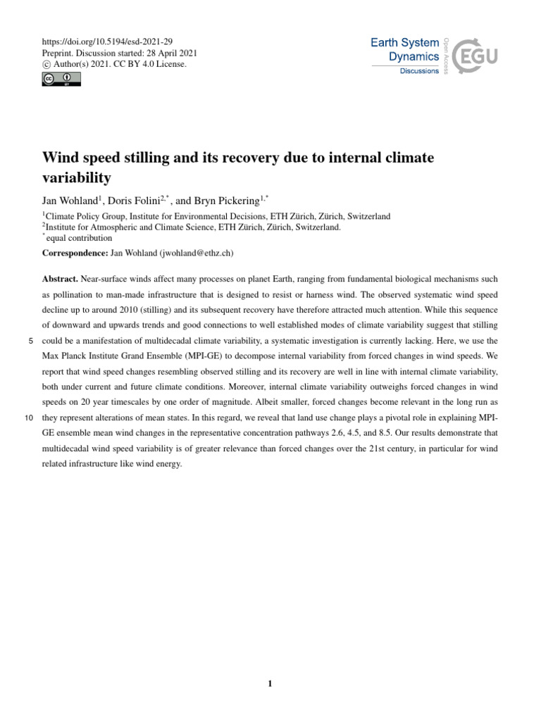 Wind Speed Stilling and Its Recovery Due To Internal Climate | PDF ...