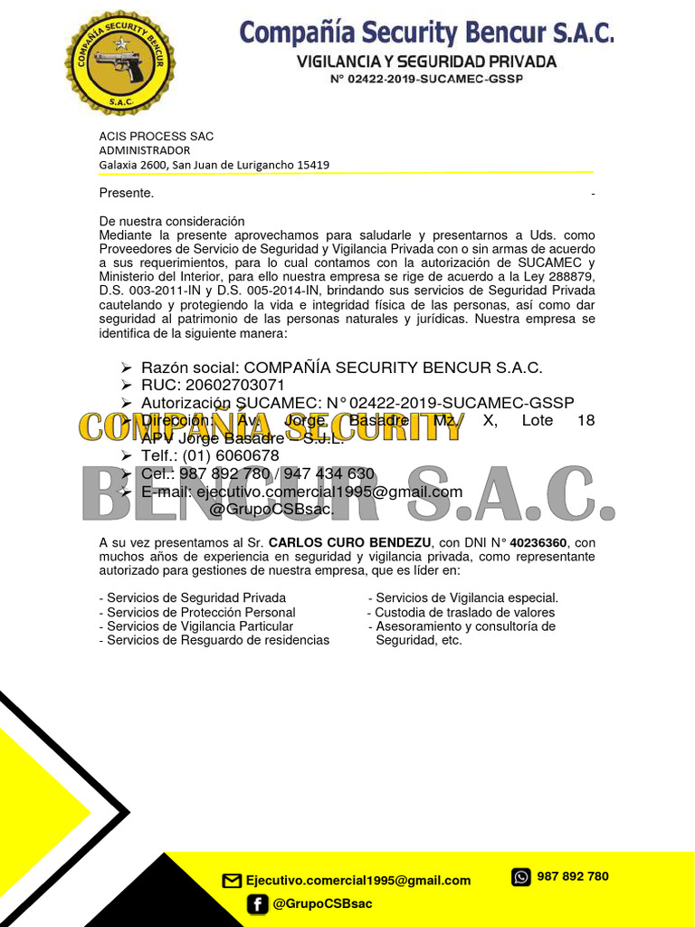 Carta de Presentacion Acis Process Sac | PDF | Business | Minería