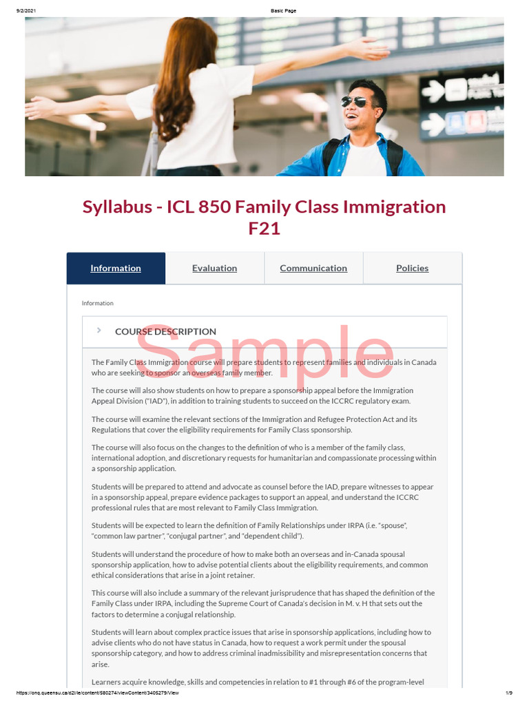 Sample - Syllabus - ICL 850 Family Class Immigration F21 | PDF | Turnitin | Privacy