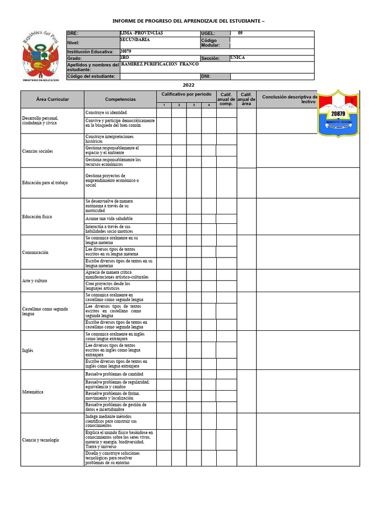 Informe de Progreso de Aprendizaje de Estudiante SECUNDARIA | PDF ...