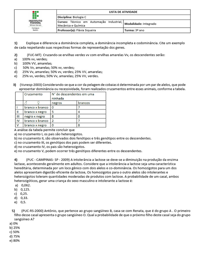 Lista Cap 1 | PDF | Dominância (genética) | Alelo