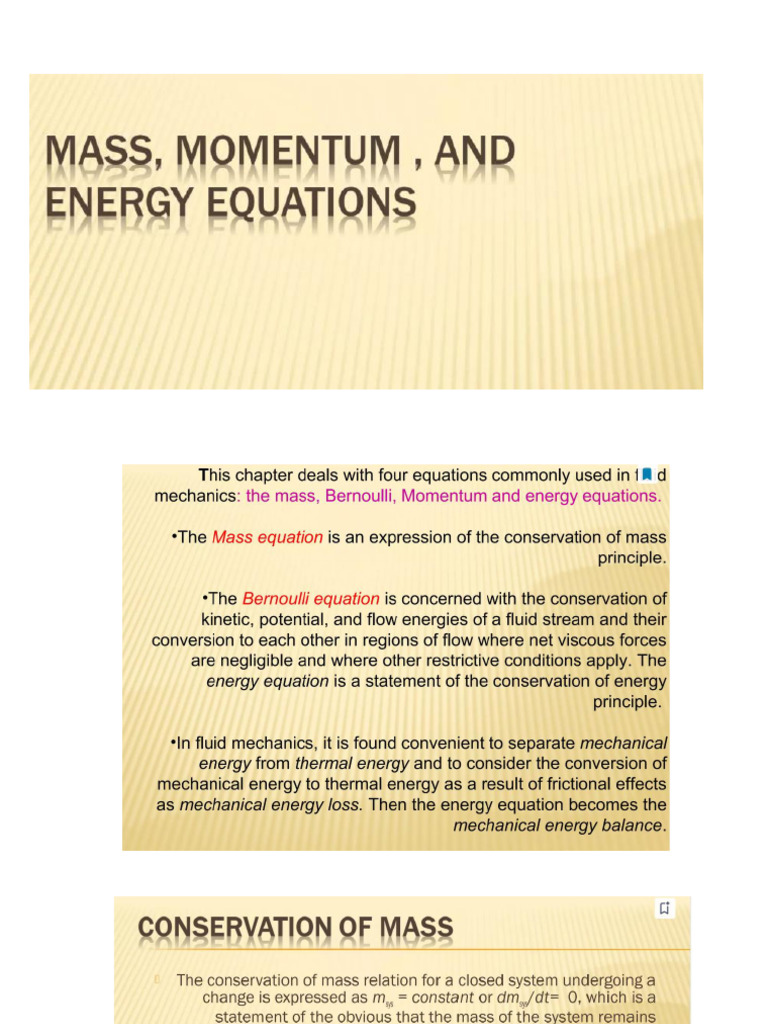 Mass, Momentum and Energy Equation | PDF