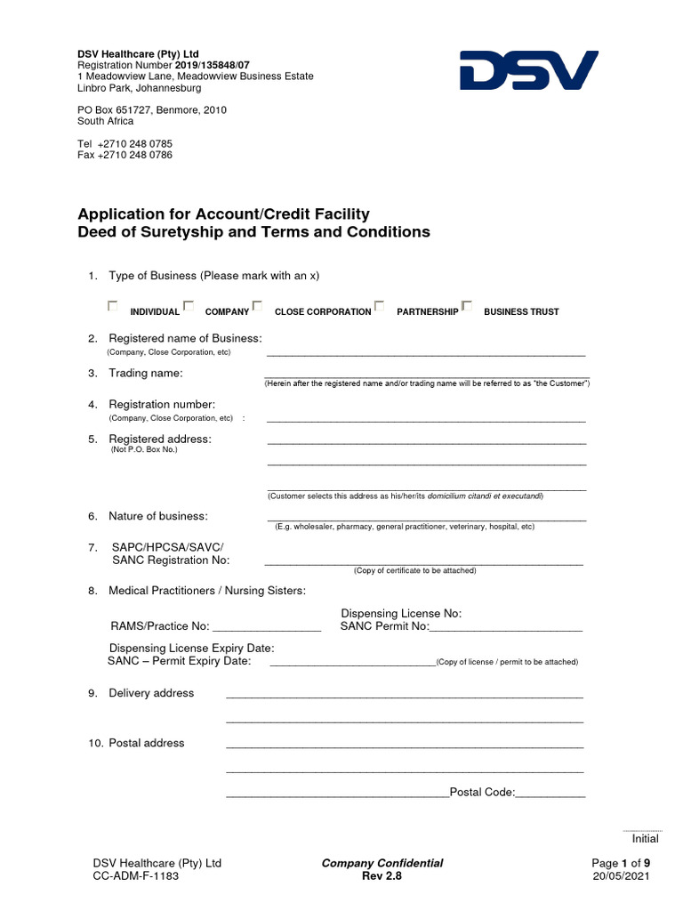 Account Application Form - DSV Healthcare Pty LTD | PDF | Breach Of ...