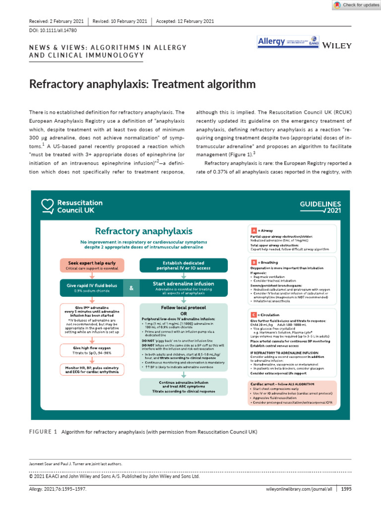 Allergy - 2021 - Sargant - Refractory Anaphylaxis Treatment Algorithm ...
