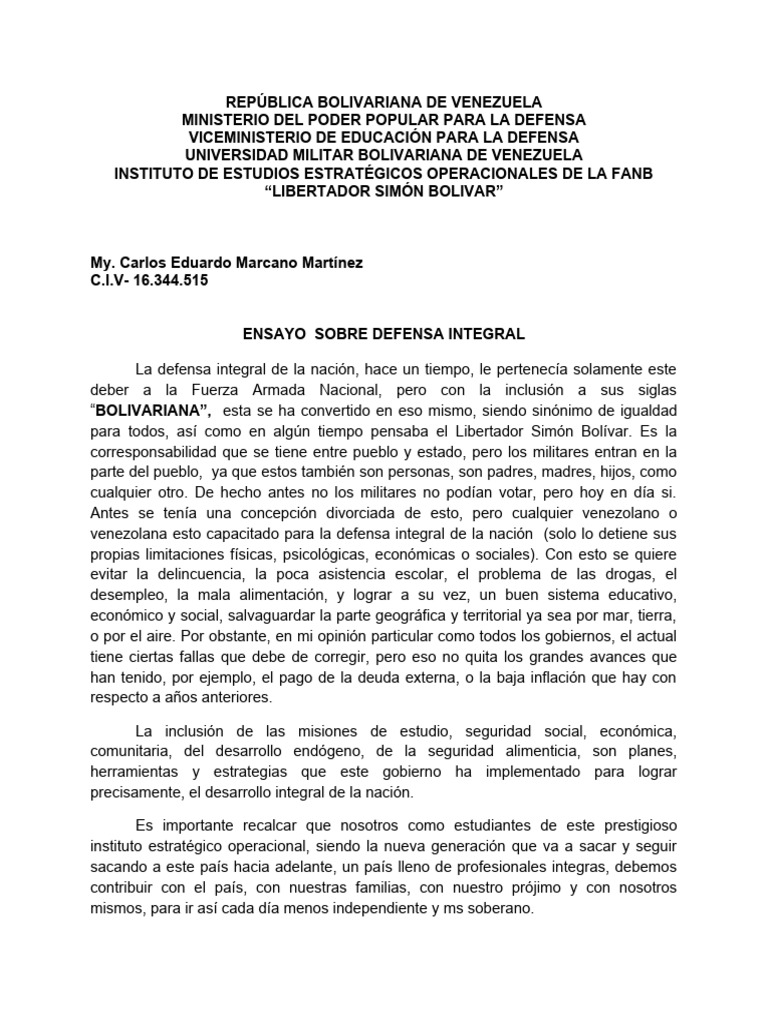 Ensayo Sobre Defensa Integral My. Carlos Marcano | PDF | Venezuela