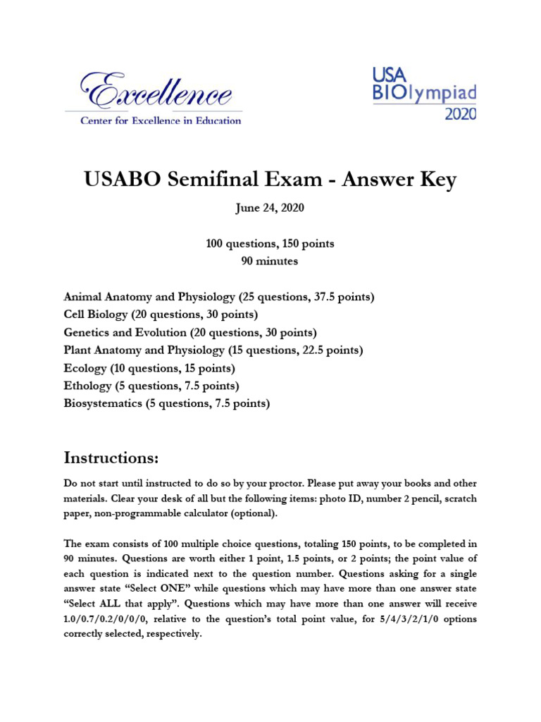 USABO Semifinal Exam Answer Key | PDF | Blood Type | Creatinine