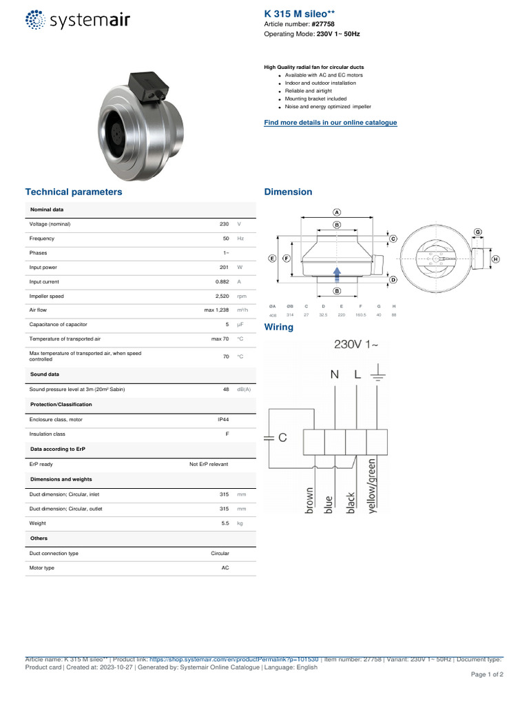 Systemair - K - 315 - M - Sileo - Ficha Tecnica | PDF | Alternating Current | Mains Electricity