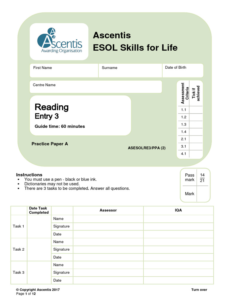 Entry 3 ESOL Reading | PDF